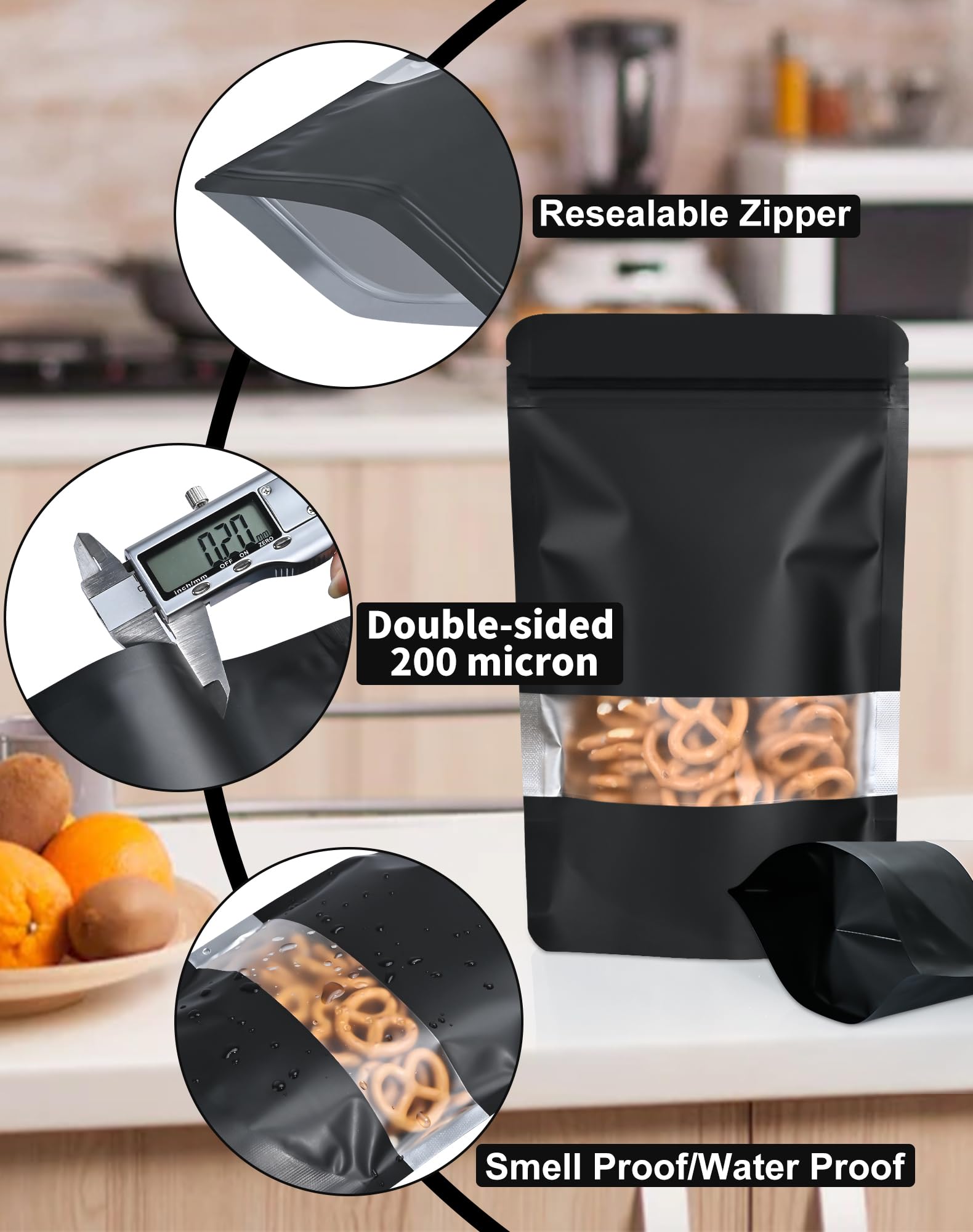 100 Pack Smell Proof Bags, Resealable Bags with Matte Window, Foil Pouch Stand Up Sealable Bags for Packaging(Black,4" x 6")