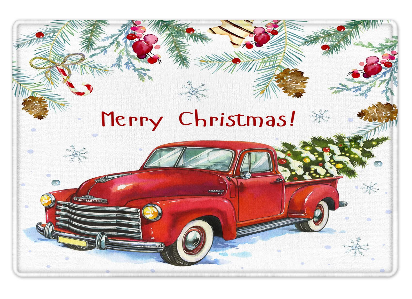 HVEST Merry Christmas Memory Foam Bath Mat, Christmas Tree on Vintage Red Truck Non Slip Bath Rug Kitchen Mat Door Mat Washable Absorbent Bathroom Décor Rug, 24 X 16 Inches