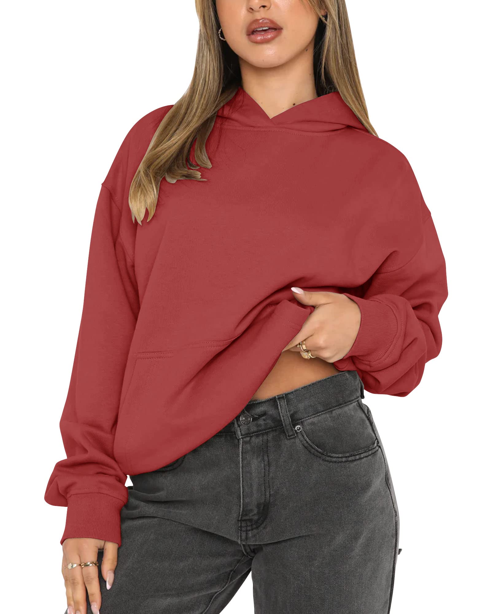 Fanway&EC Women's Casual Long Sleeve Hoodie Loose Fitted Sweatshirts Oversized Pullover Pocket Fall Tops Dark Red