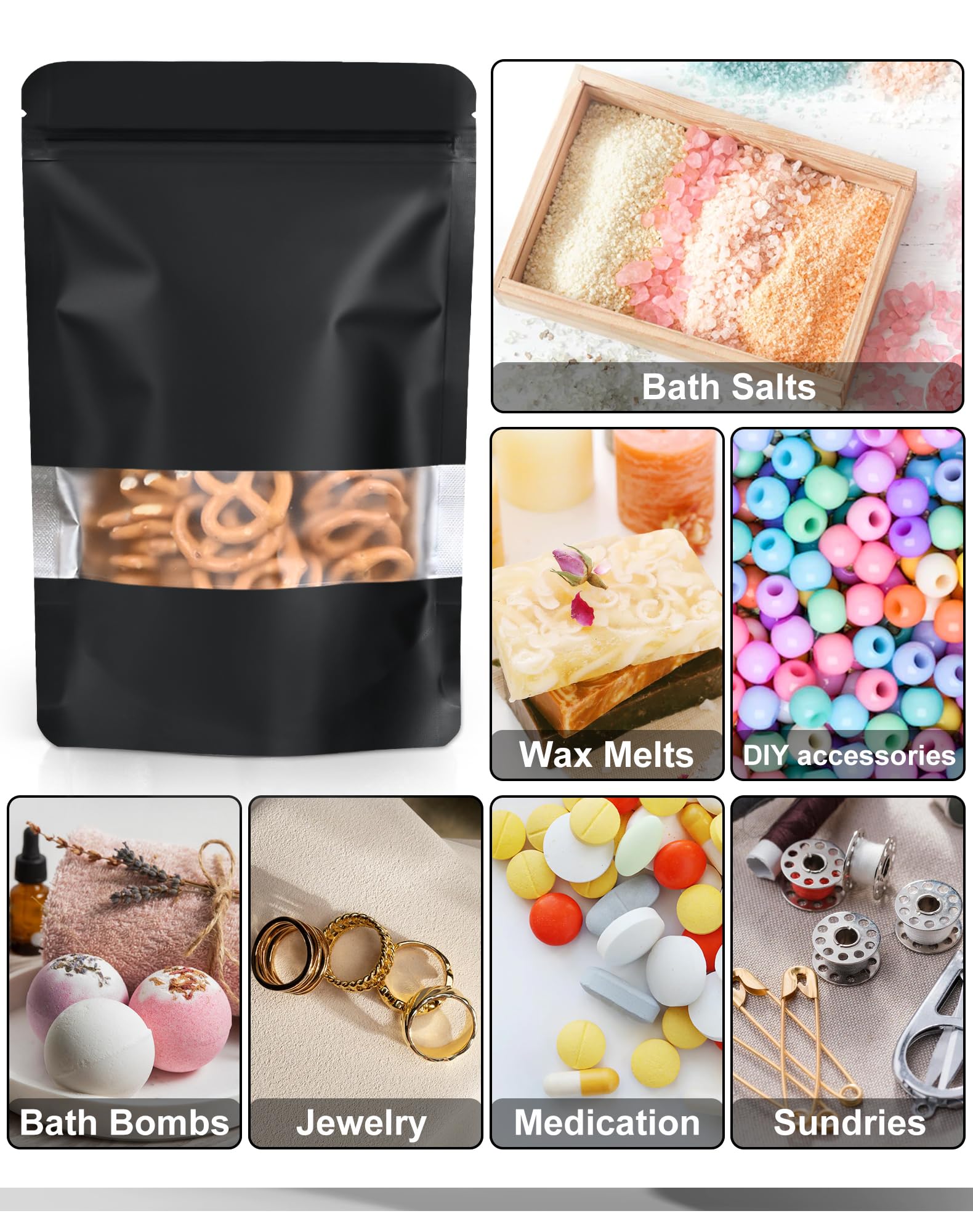 100 Pack Smell Proof Bags, Resealable Bags with Matte Window, Foil Pouch Stand Up Sealable Bags for Packaging(Black,4" x 6")
