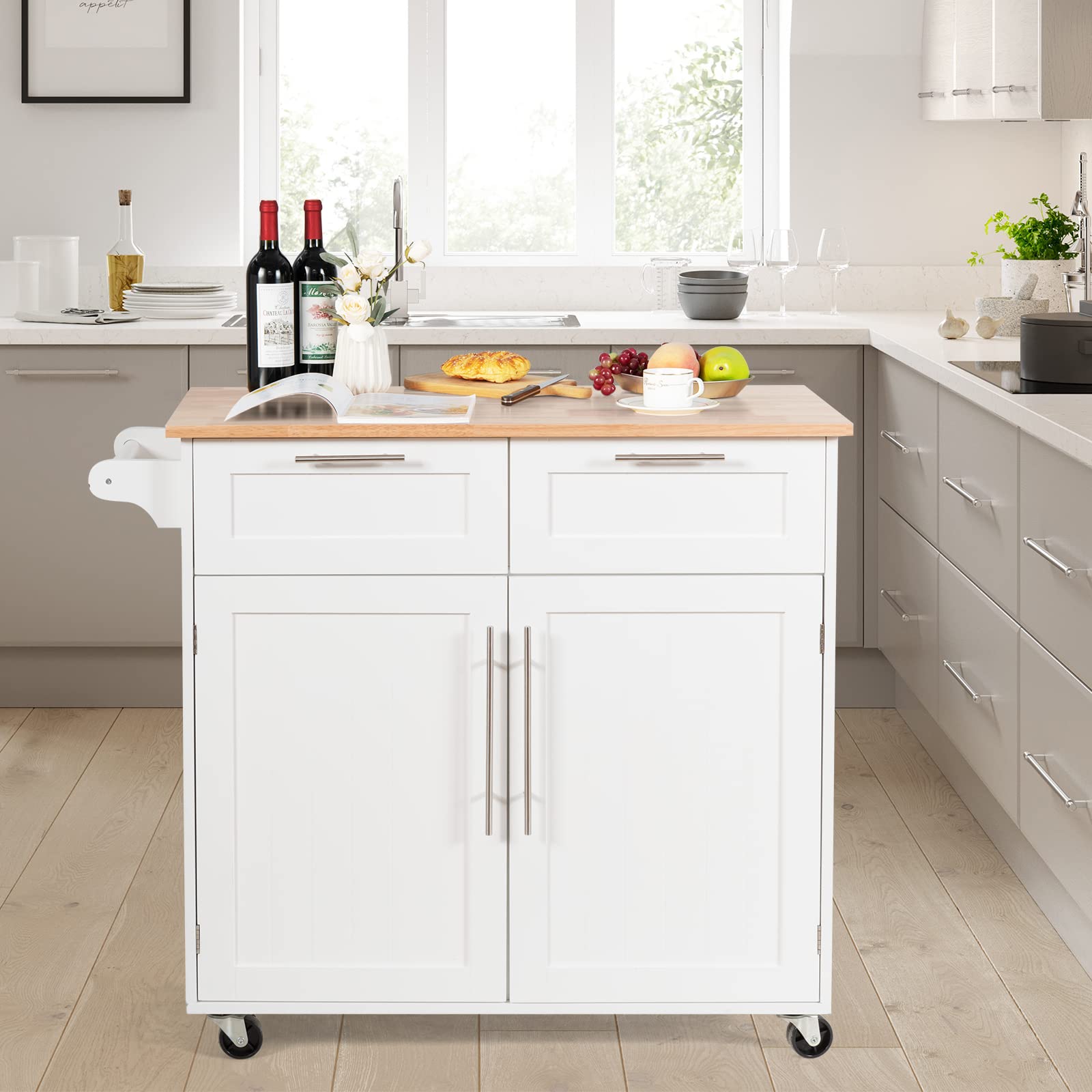 COSTWAY Kitchen Island Cart on Wheels, with Side Towel Bar, 2 Drawers, 2 Door Cabinet, Rolling Storage Trolley Cart with Rubber Wood Top & Lockable Casters (White)