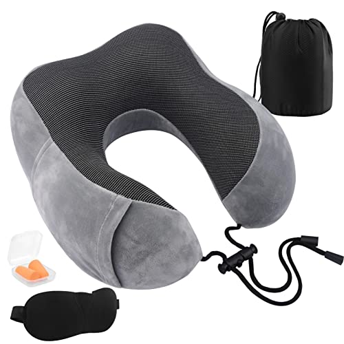 Faddare Travel Pillow, Memory Foam Neck Support Pillow Set, Comfortable Neck and Head Support Pillow, Travel Neck Rest Cushion for Plane Car Train Office(Grey)