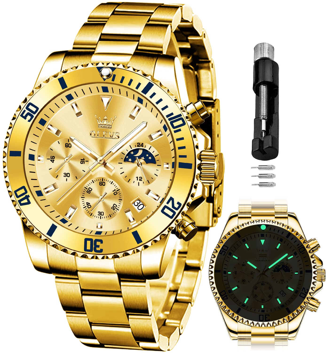 OLEVS Mens Watches Gold Chronograph Luxury Dress Moon Phase Quartz Stainless Steel Waterproof Luminous Business Calendar Wrist Watch