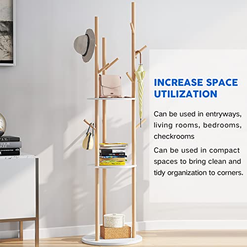 LIWSHWZ Freestanding Coat Rack with 9 Hooks and 3 Shelves, Hall Tree for Jackets, Coats, Hats, Bags, for Home Office Entryway Corridor (White)
