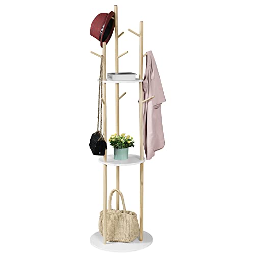 LIWSHWZ Freestanding Coat Rack with 9 Hooks and 3 Shelves, Hall Tree for Jackets, Coats, Hats, Bags, for Home Office Entryway Corridor (White)