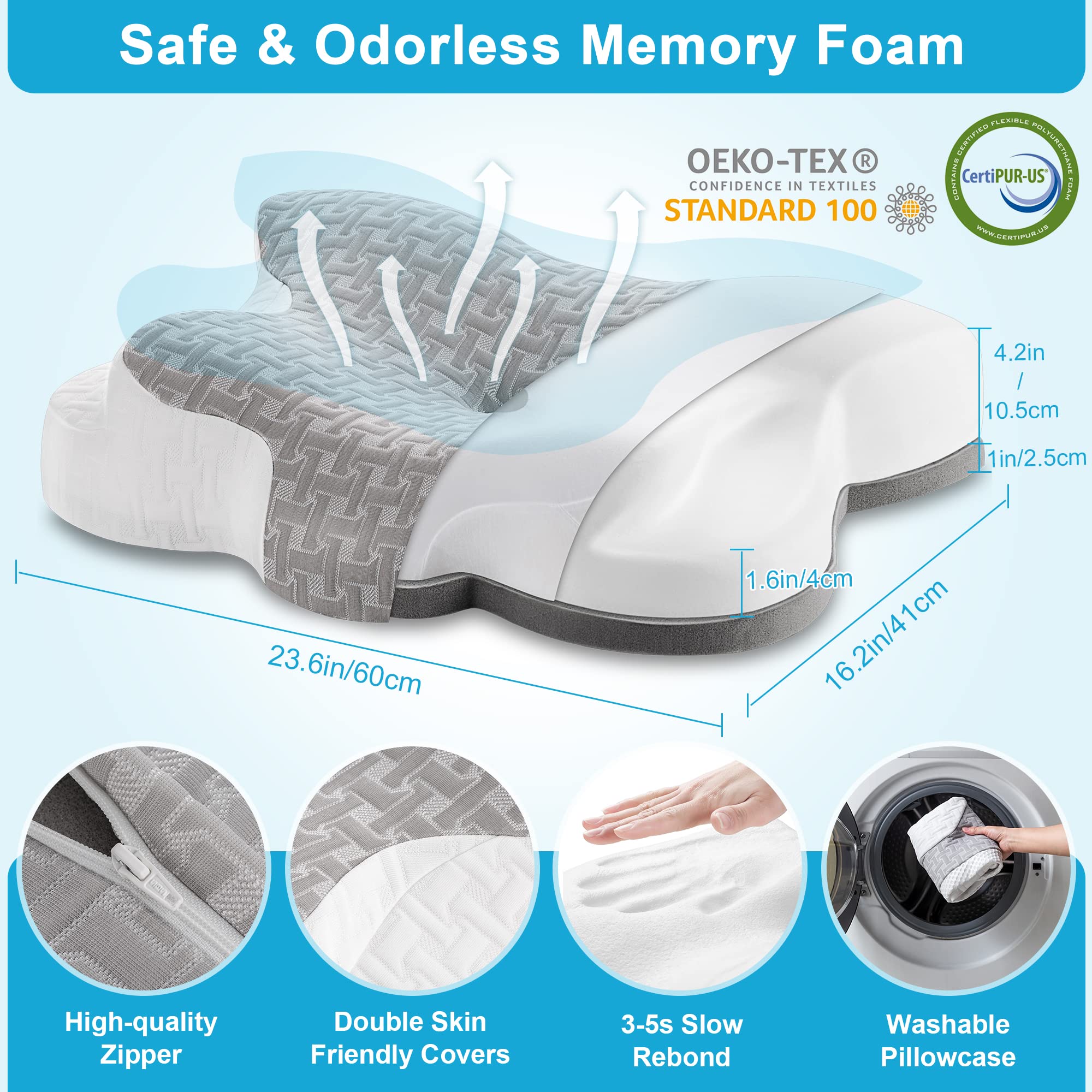 Elviros Cervical Memory Foam Neck Pillow for Pain Relief, Adjustable Orthopedic Support Pillows for Sleeping, Ergonomic Bed Pillow for Side, Back, Stomach Sleepers, Queen Size, Grey
