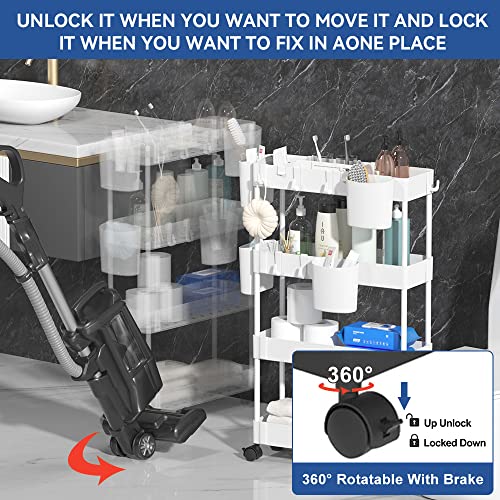 VANDHOME 4-Tier Slim Storage Utility Rolling Cart with Wheels Multifunction Organizer Slide Out Trolley Cart for Kitchen Bathroom Narrow Places with Hanging Cups Dividers - White