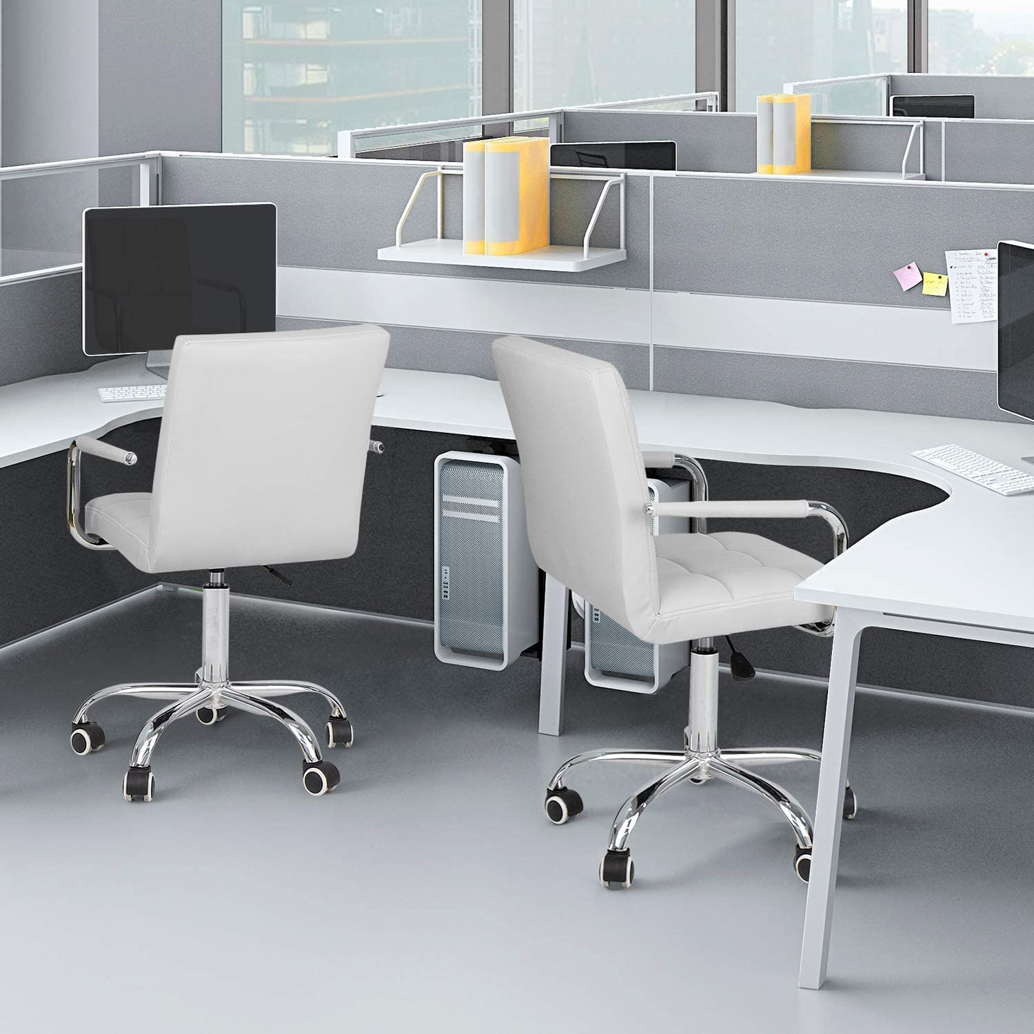 JUMMICO Desk Chair Modern Office Chair with Wheels PU Leather Mid-Back Rolling Chair for Office, Teen, and Bedroom Desks (White)