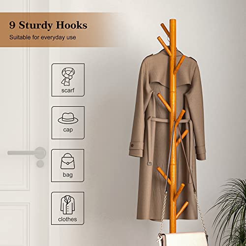 NicQliear Wooden Freestanding Coat Rack with 9 Hooks, Adjustable Coat Rack Stand to Hang Clothes/Bags/Hats, Standing Coat Tree Perfect for Bedroom/Entryway/Hallway