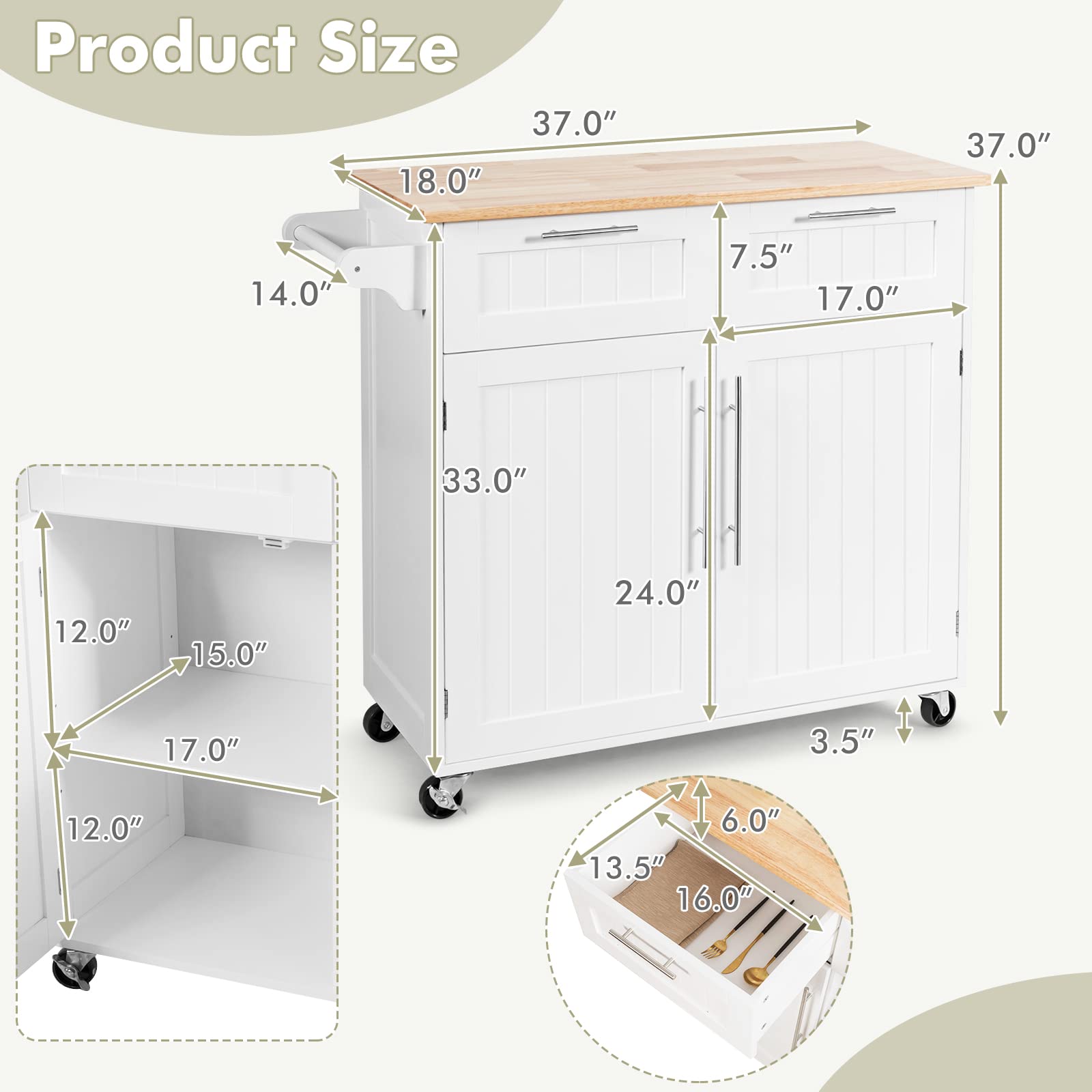 COSTWAY Kitchen Island Cart on Wheels, with Side Towel Bar, 2 Drawers, 2 Door Cabinet, Rolling Storage Trolley Cart with Rubber Wood Top & Lockable Casters (White)