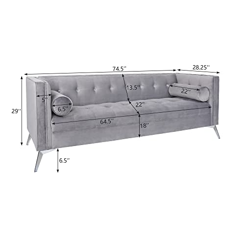 Mid-Century Velvet Chesterfield Sofa Couch, Modern Love Seats Sofa Furniture, Upholstered Button Tufted Couch with 2 Bolster Pillows for Living Room Apartment, Grey