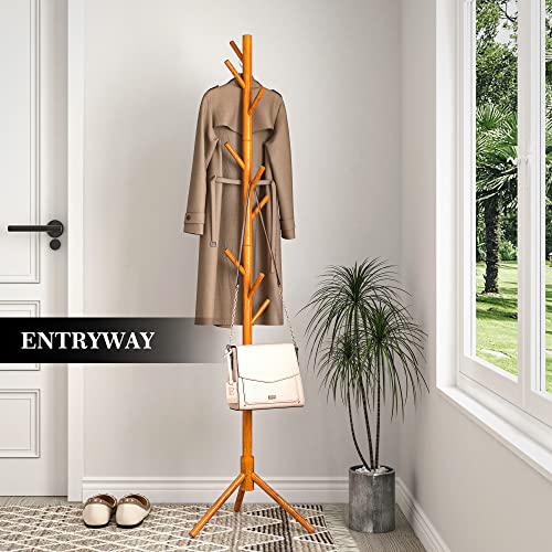 NicQliear Wooden Freestanding Coat Rack with 9 Hooks, Adjustable Coat Rack Stand to Hang Clothes/Bags/Hats, Standing Coat Tree Perfect for Bedroom/Entryway/Hallway