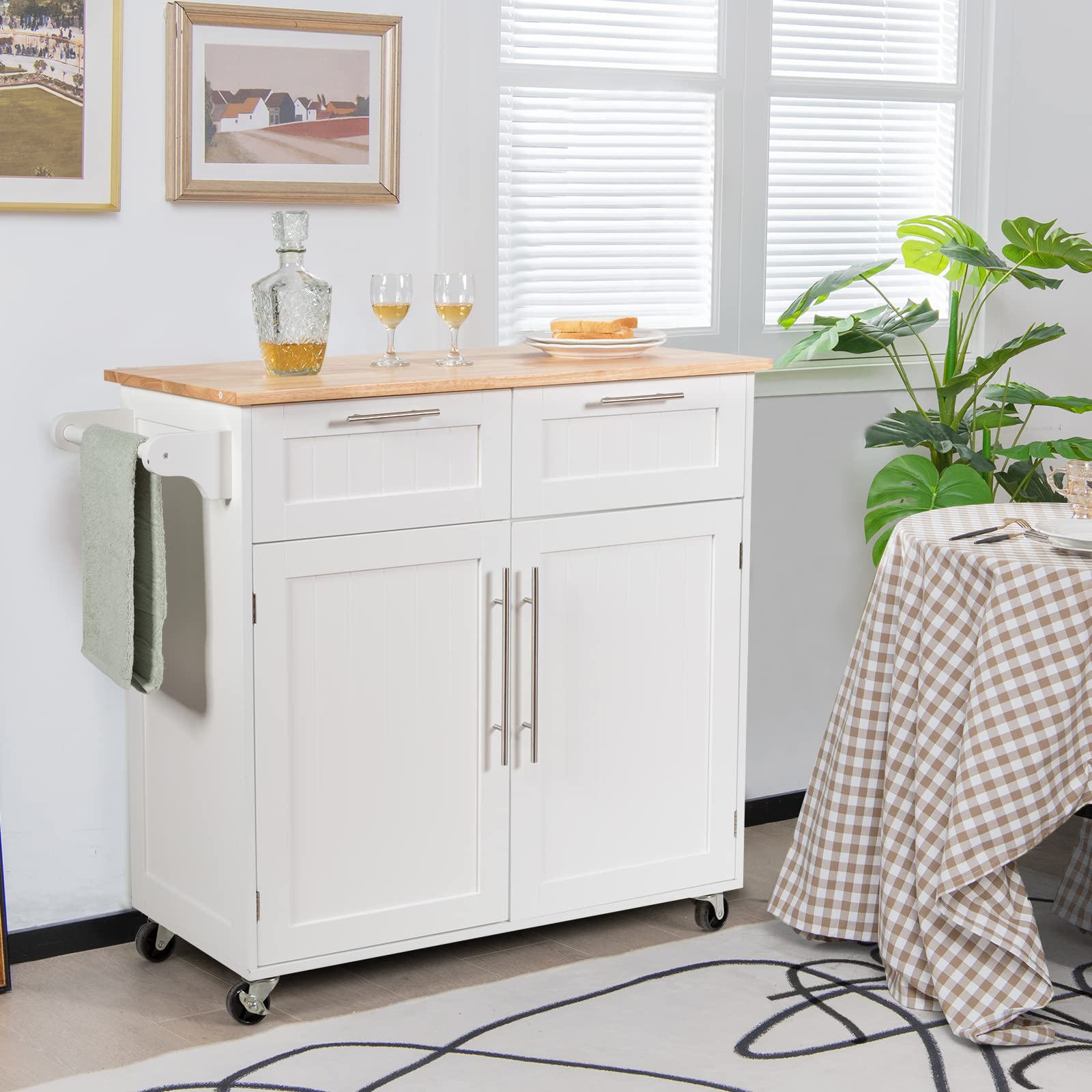 COSTWAY Kitchen Island Cart on Wheels, with Side Towel Bar, 2 Drawers, 2 Door Cabinet, Rolling Storage Trolley Cart with Rubber Wood Top & Lockable Casters (White)