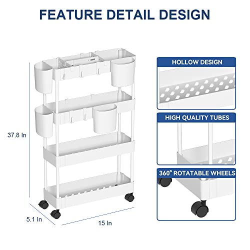 VANDHOME 4-Tier Slim Storage Utility Rolling Cart with Wheels Multifunction Organizer Slide Out Trolley Cart for Kitchen Bathroom Narrow Places with Hanging Cups Dividers - White