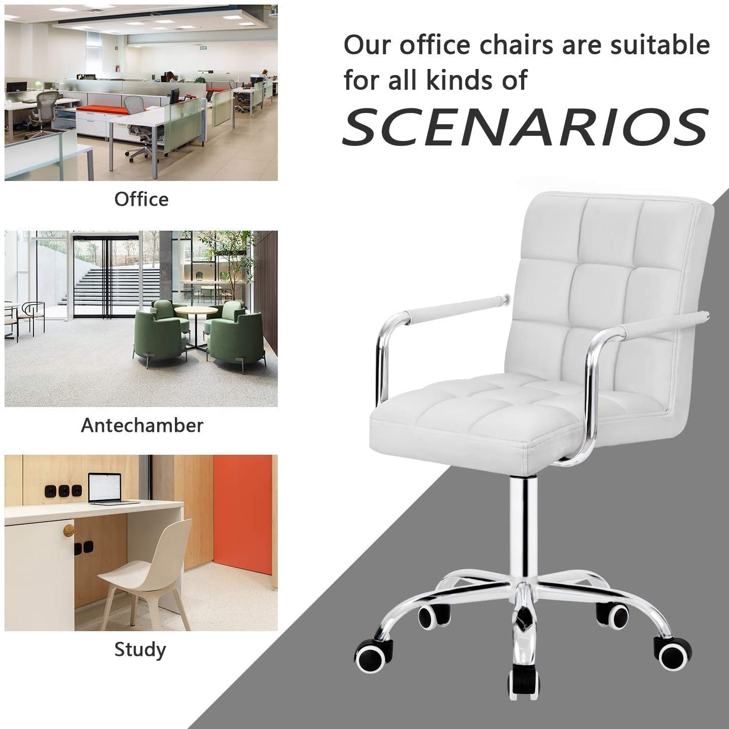 JUMMICO Desk Chair Modern Office Chair with Wheels PU Leather Mid-Back Rolling Chair for Office, Teen, and Bedroom Desks (White)