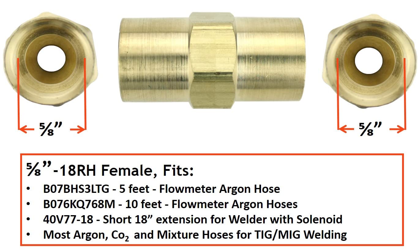 Welding Argon or Shield Gas Hose Coupler 5/8"-18 RH Female x 5/8"-18 RH Female