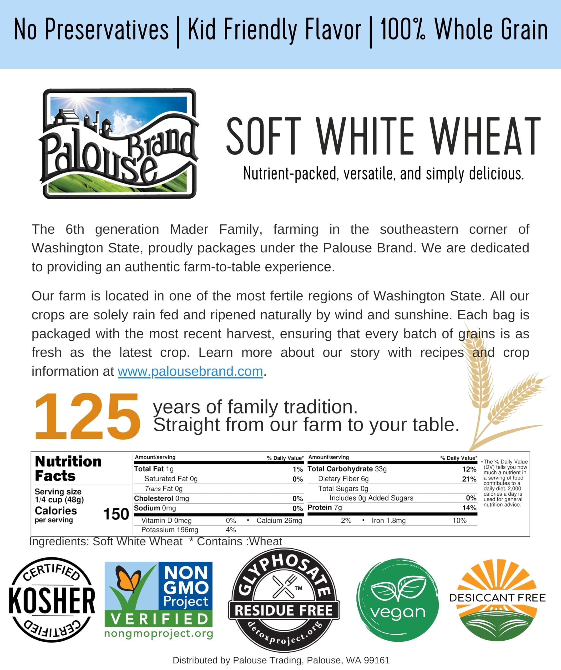 Certified Glyphosate Residue Free Soft White Wheat Berries | 100 LBS | Desiccant Free | Sproutable | Non-GMO Project Verified | Kosher