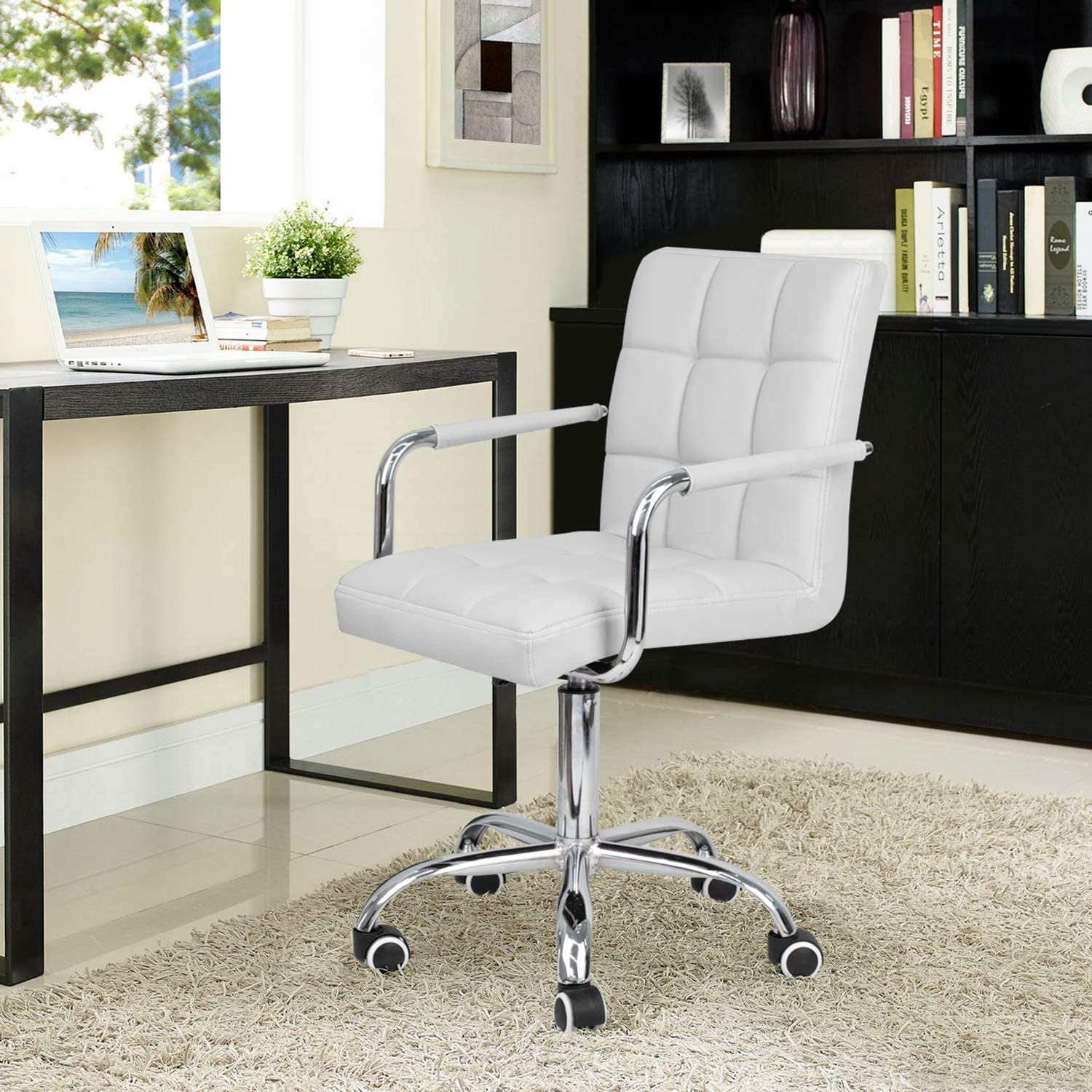 JUMMICO Desk Chair Modern Office Chair with Wheels PU Leather Mid-Back Rolling Chair for Office, Teen, and Bedroom Desks (White)