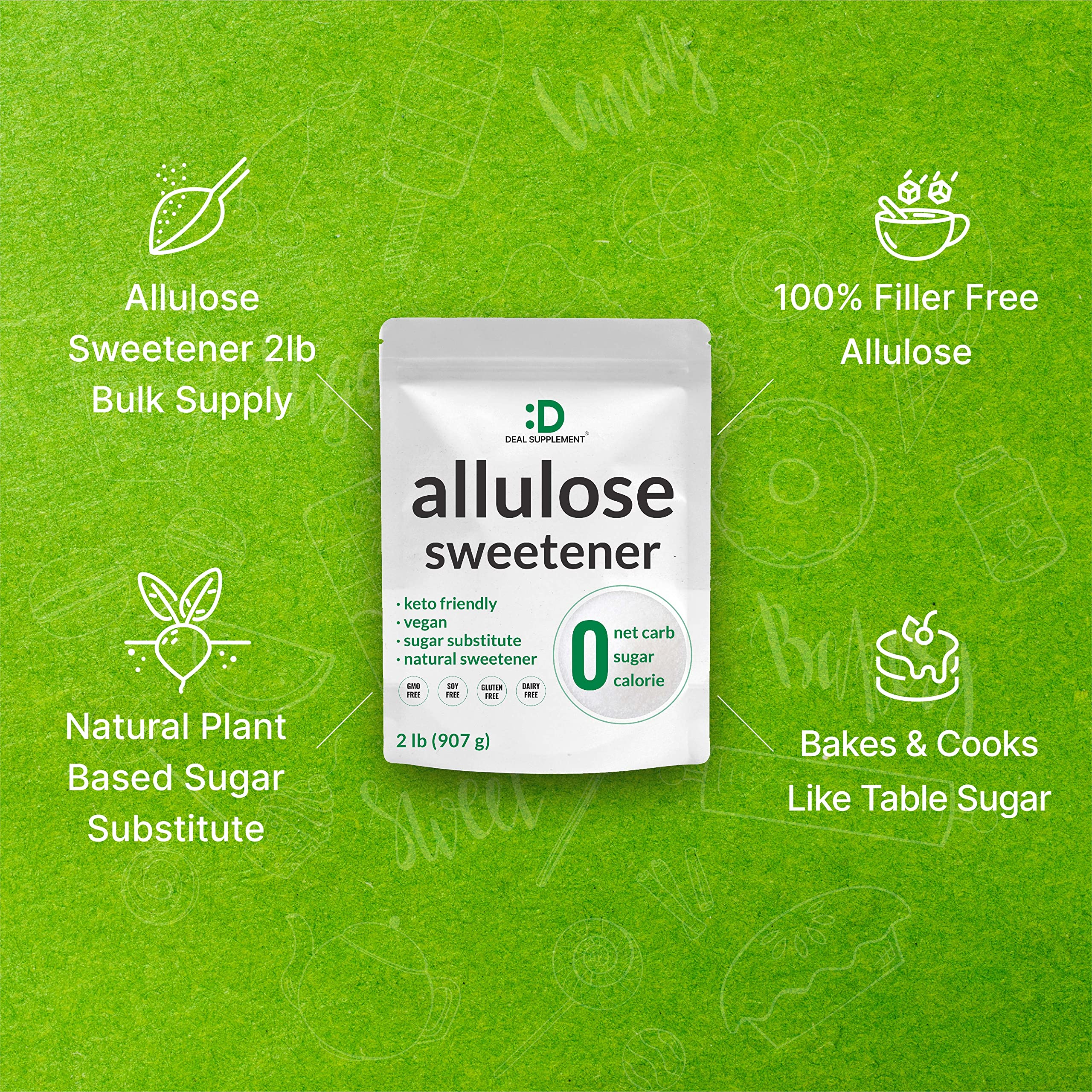 Allulose Sweetener 2 Pounds β Natural Sugar Subsitutes, No Aftertaste - Keto Friendly, Vegan, Zero Net Carb, Zero Calorie, Great for Cooking & Baking