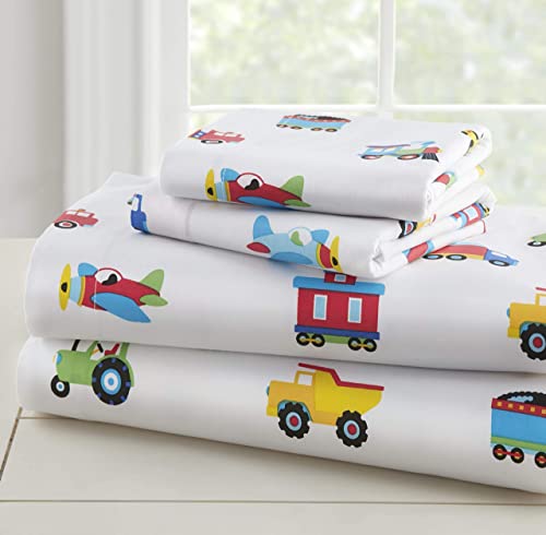 Wildkin Cotton Fitted Crib Sheet Bundle with Plush Throw Blanket (Trains, Planes & Trucks)