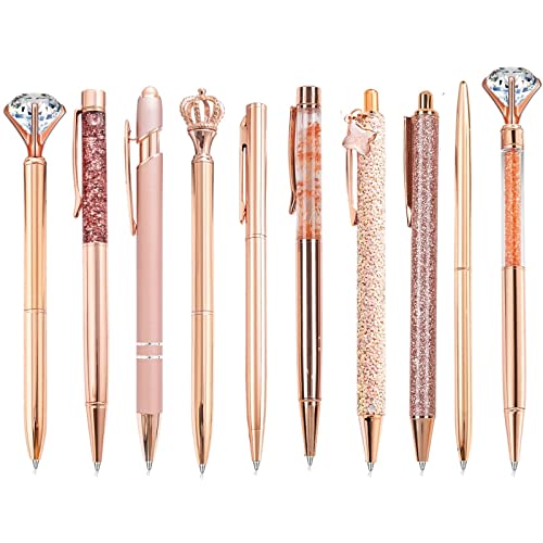 HLPHA 10 Pcs Rose Gold Ballpoint Pen Set Crystal Diamond Metal Liquid Sand Glitter Retractable Pens Black Ink Fancy Gifts for Women Wedding School Office Ballpoint Pens(Rose Gold)