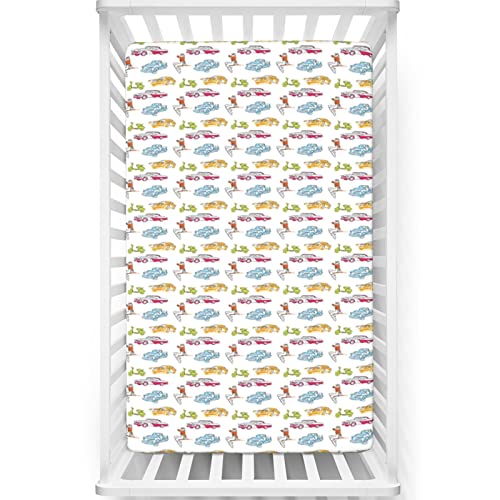 Vintage Car Themed Fitted Mini Crib Sheets,Portable Mini Crib Sheets Soft & Stretchy Fitted Crib Sheet-Baby Sheet for Boys Girls,24“ x38“,Multicolor