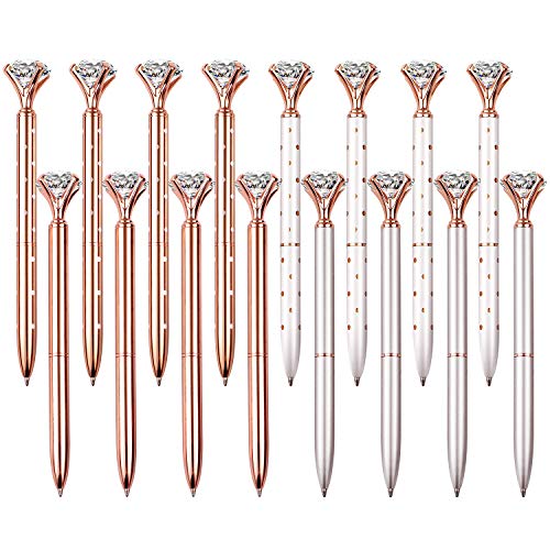 JOANCÉE 16 PCS Diamond Pen With Big Crystal Bling Metal Ballpoint Pen, Office Supplies And School, Rose Gold/White Rose Polka Dot/Silver/Rose Gold With White Polka Dots, Includes 16 Pen Refills