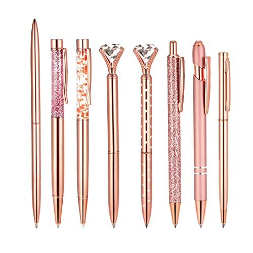 TOYMIS 8pcs Rose Gold Ballpoint Pen, Crystal Metal Rose Gold Pens Black Ink Fine Point Tip Diamond Pens Rose Gold Glitter Ballpoint Pens for Wedding Home School Office Supplies