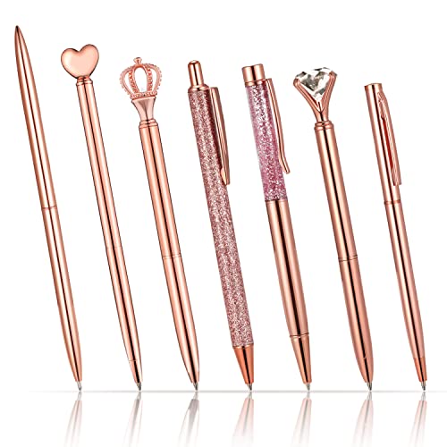 7pcs Rose Gold Ballpoint Pen Set, Metal Rose Gold Glitter Pens Bling Bling Pens Black Ink Dynamic Liquid Pen Gifts for Christmas Birthday Wedding Office Supplies
