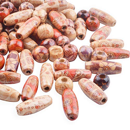 100 Pieces Round Printed Pattern Wooden Beads Oval Shape Wood Loose Spacer Beads for DIY Jewelry Making Hair Crafts, 2 Sizes