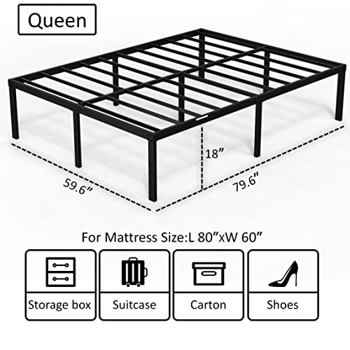 EMODA Queen Bed Frame No Box Spring Needed 18 Inch Heavy Duty Metal Tall Platform Bed Frame Queen Size with Large Storage Space, Easy Assembly, Black