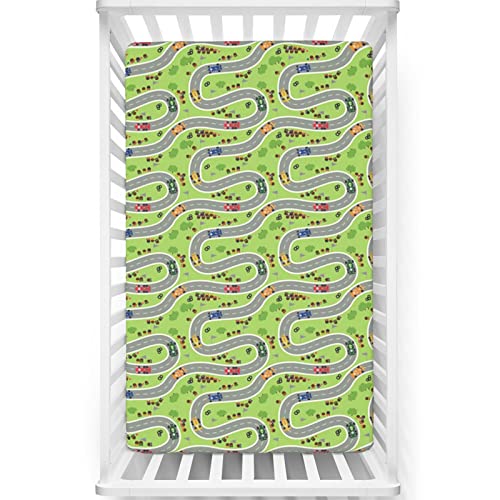Race Car Themed Fitted Crib Sheet,Standard Crib Mattress Fitted Sheet Ultra Soft Material-Great for Boy or Girl Room or Nursery,28“ x52“,Green Multicolor