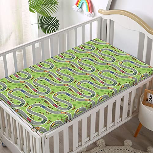 Race Car Themed Fitted Crib Sheet,Standard Crib Mattress Fitted Sheet Ultra Soft Material-Great for Boy or Girl Room or Nursery,28β x52β,Green Multicolor