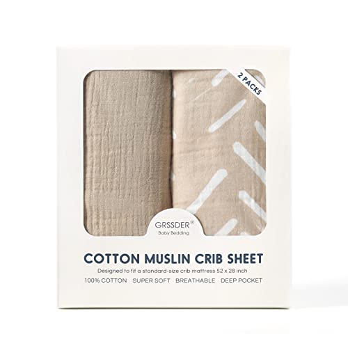 GRSSDER Soft Muslin Crib Sheet 2 Pack, 100% Cotton Crib Sheets for Boys and Girls, Fit Standard Crib Mattresses 52" x 28" Safe and Snug, Taupe/Stripe