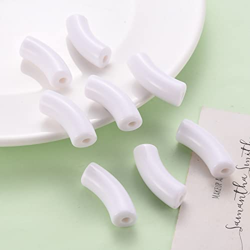 Spritewelry 155pcs/500g Opaque Acrylic Beads Tube Beads Spacer Plastic Curved Noodle Slide Beads Lined Loose Beads Large Hole Beads White for Bracelet Jewelry Making Craft Supplies 34.5mm, Hole: 3.5mm