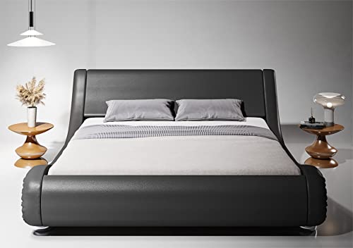 SHA CERLIN Queen Size Upholstered Bed Frame, Deluxe Low Profile Sleigh Bed with Faux Leather Ergonomics Headboard, No Box Spring Needed & Easy Assembly, Black