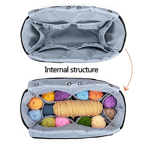 YARWO Knitting Crochet Bag, Yarn Storage Tote Bag for WIP Projects, Yarn Skeins, Crochet Hooks and Knitting Needles, Gray with Arrow (Bag Only, Patent Pending)