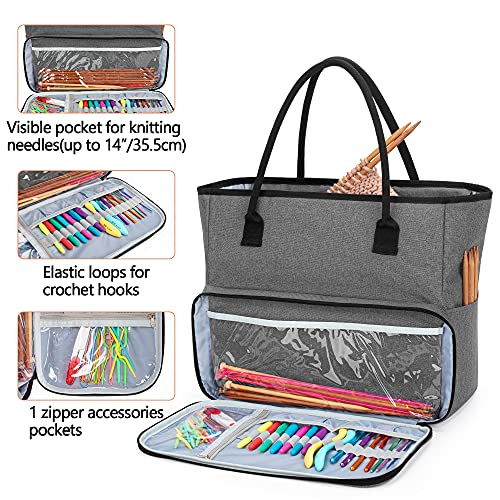 YARWO Knitting Crochet Bag, Yarn Storage Tote Bag for WIP Projects, Yarn Skeins, Crochet Hooks and Knitting Needles, Gray with Arrow (Bag Only, Patent Pending)