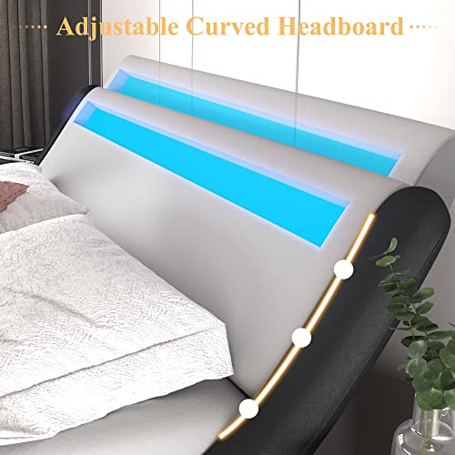 SHA CERLIN Upholstered Modern Bed Frame with LED Headboard/Mattress Foundation/No Box Spring Needed/Strong Wood Slats Support/Easy Assemble, Black and White, Full