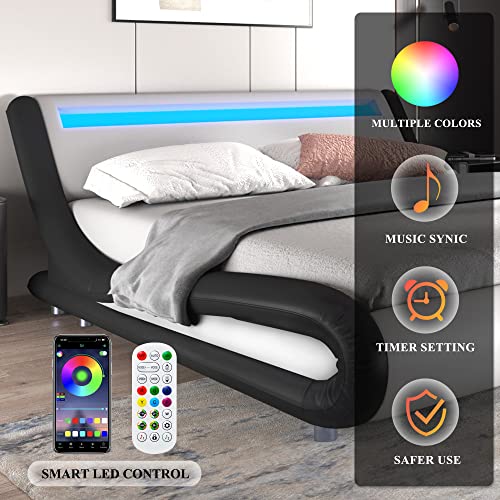 SHA CERLIN Upholstered Modern Bed Frame with LED Headboard/Mattress Foundation/No Box Spring Needed/Strong Wood Slats Support/Easy Assemble, Black and White, Full