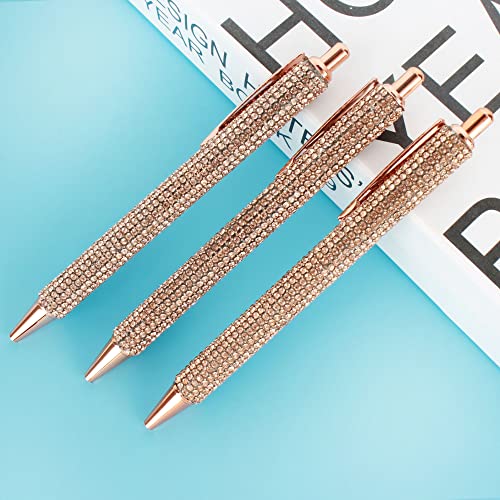 HOCE 3 Pcs Rhinestone Bling Metal Ballpoint Pens 0.7 mm, Black Ink, Gift Pens for Christmas Bridesmaid Wedding Birthday, Rose Gold