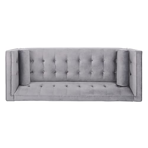 Mid-Century Velvet Chesterfield Sofa Couch, Modern Love Seats Sofa Furniture, Upholstered Button Tufted Couch with 2 Bolster Pillows for Living Room Apartment, Grey