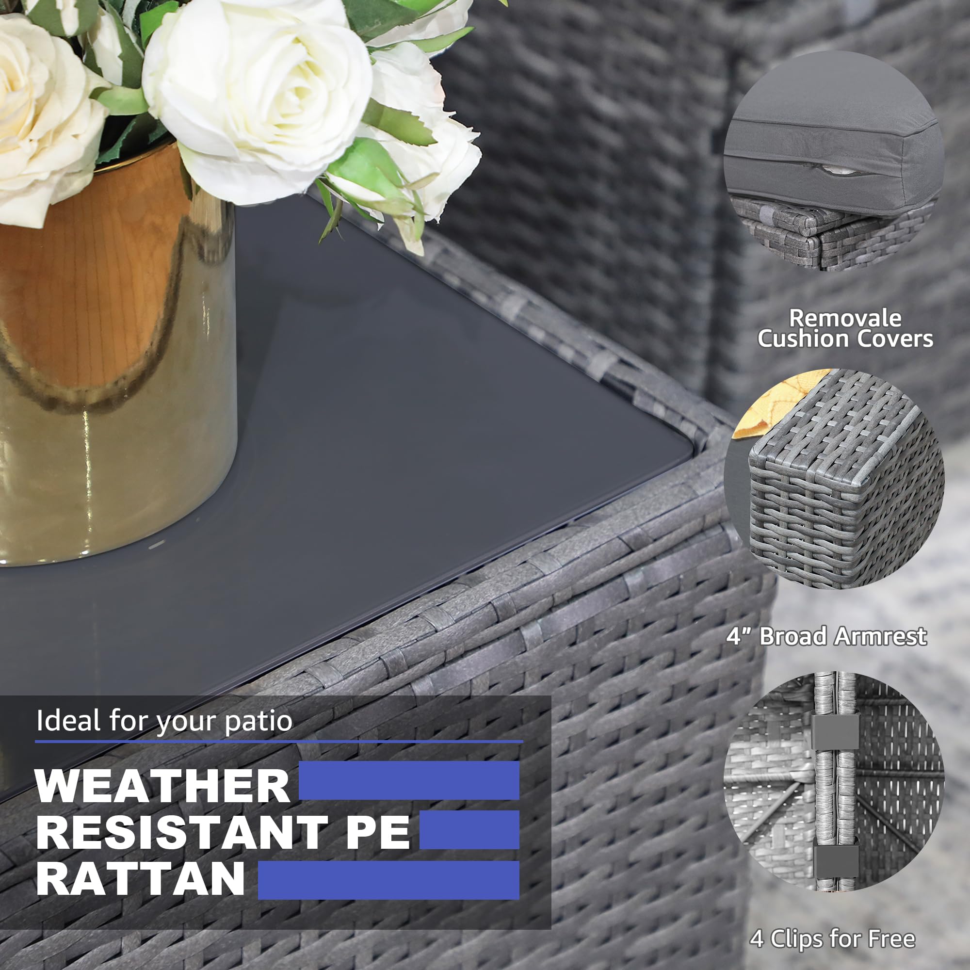 Patiorama Outdoor Wicker Loveseat 2 Pieces, All Weather Grey PE Rattan Sectional Corner Sofa Set, Additional Extra Chairs for Outdoor Sectional Sofa Set, Dark Grey Cushion