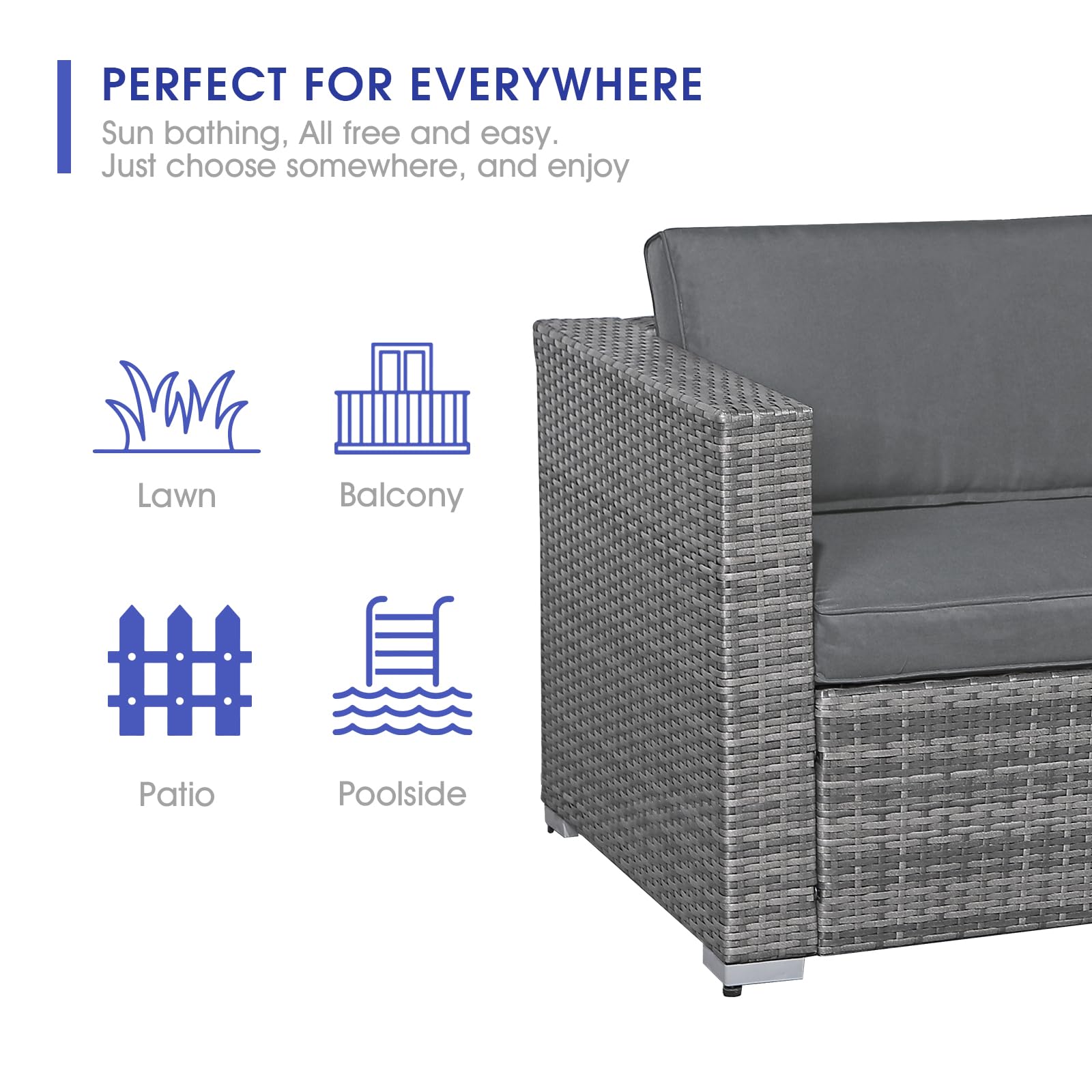 Patiorama Outdoor Wicker Loveseat 2 Pieces, All Weather Grey PE Rattan Sectional Corner Sofa Set, Additional Extra Chairs for Outdoor Sectional Sofa Set, Dark Grey Cushion
