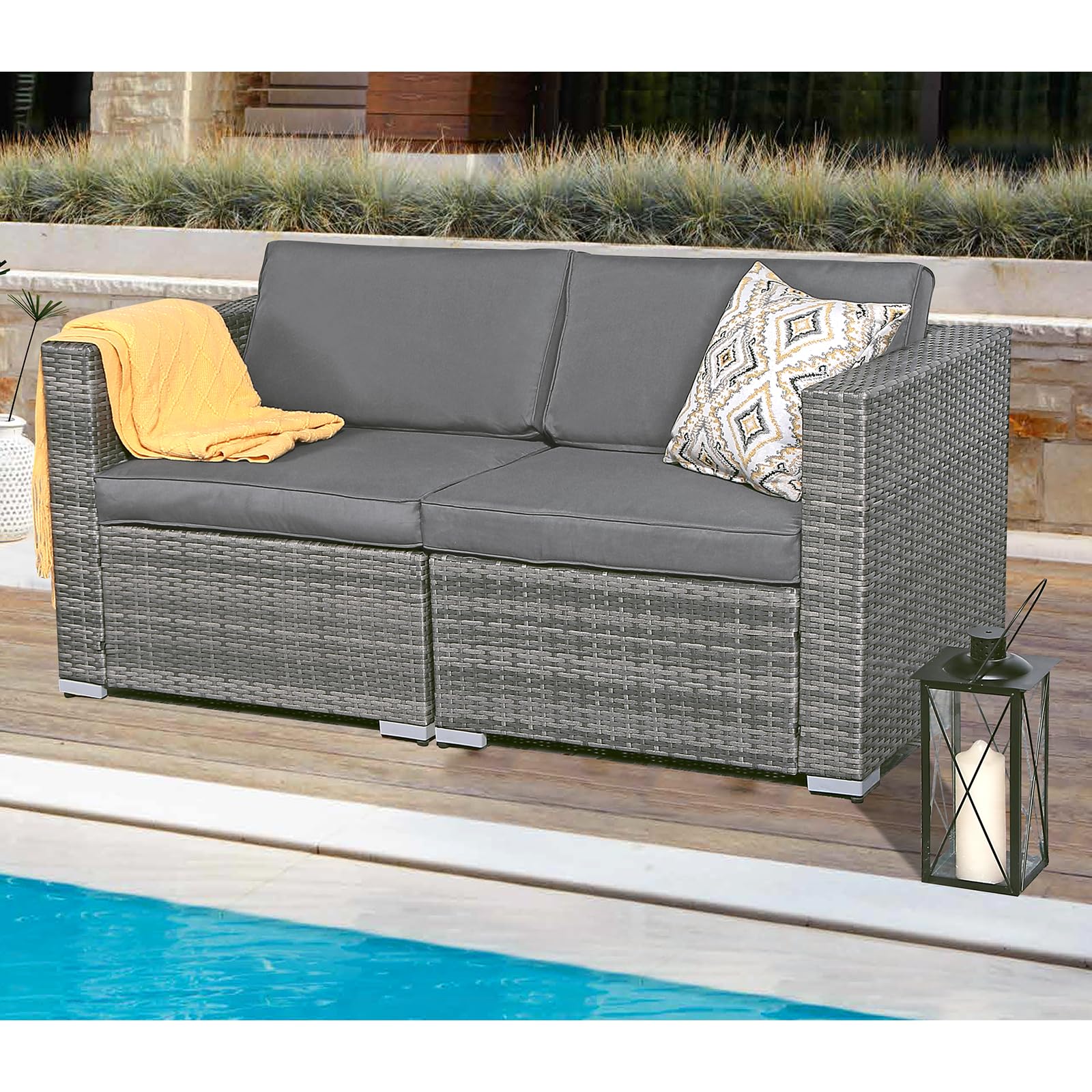 Patiorama Outdoor Wicker Loveseat 2 Pieces, All Weather Grey PE Rattan Sectional Corner Sofa Set, Additional Extra Chairs for Outdoor Sectional Sofa Set, Dark Grey Cushion