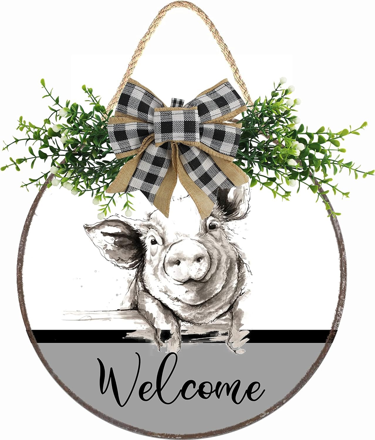 Welcome Sign for Front Door, Round Wooden Hanging Sign for Farmhouse Porch Decorations, Rustic Welcome Wreaths Sign with Greenery for Home Wall Window Indoor Outdoor - 12Γ12 inchοΌ30 * 30cmοΌ1pcs (Pig)