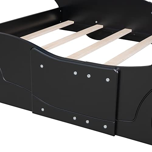 Zaboro Full Size Race Car-Shaped Platform Bed for Children, Solid Wood Bed Frame with Safety Rails and Wheels, Modern Low Bed with Sturdy Slats Support for Boys and Girls, No Box Spring Needed, Black