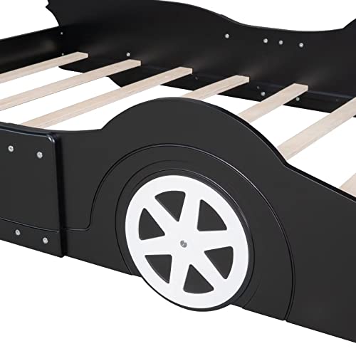 Zaboro Full Size Race Car-Shaped Platform Bed for Children, Solid Wood Bed Frame with Safety Rails and Wheels, Modern Low Bed with Sturdy Slats Support for Boys and Girls, No Box Spring Needed, Black