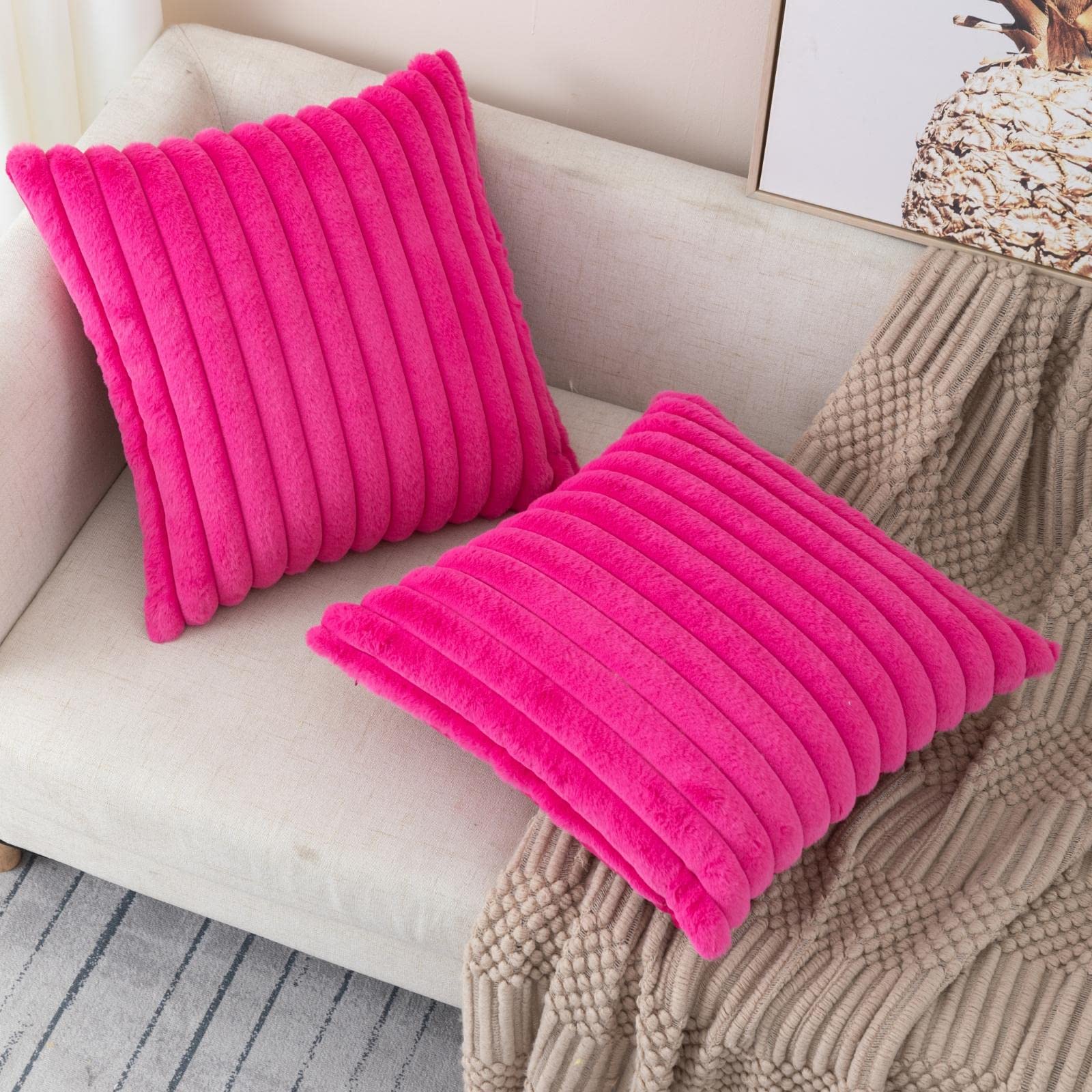 ZLINA Set of 2 Hot Pink Faux Fur Decorative Throw Pillow Covers Fluffy Striped Pillowcase Cushion Covers 18 x 18 Inch Decor Sofa Couch Bedroom
