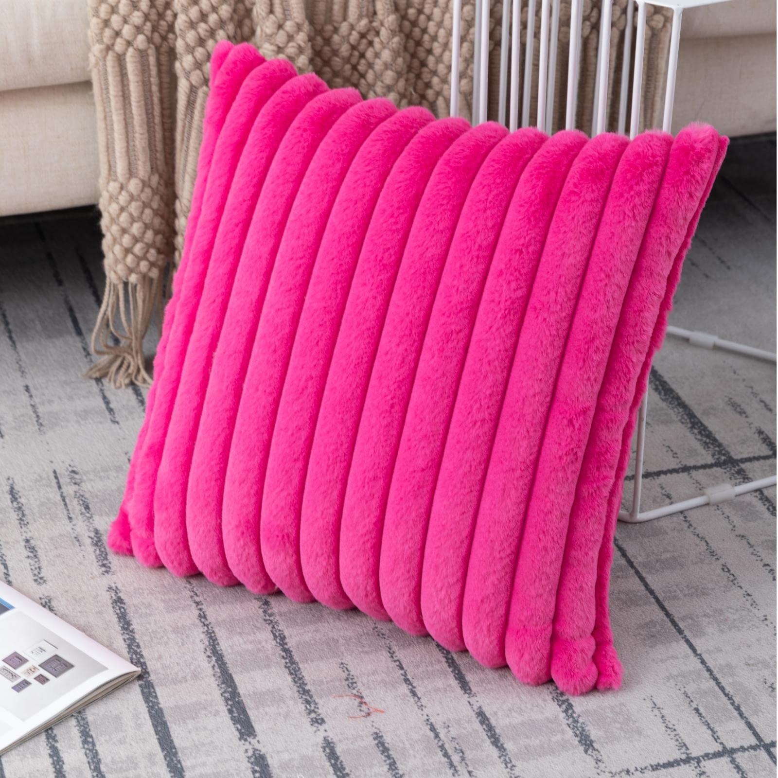 ZLINA Set of 2 Hot Pink Faux Fur Decorative Throw Pillow Covers Fluffy Striped Pillowcase Cushion Covers 18 x 18 Inch Decor Sofa Couch Bedroom